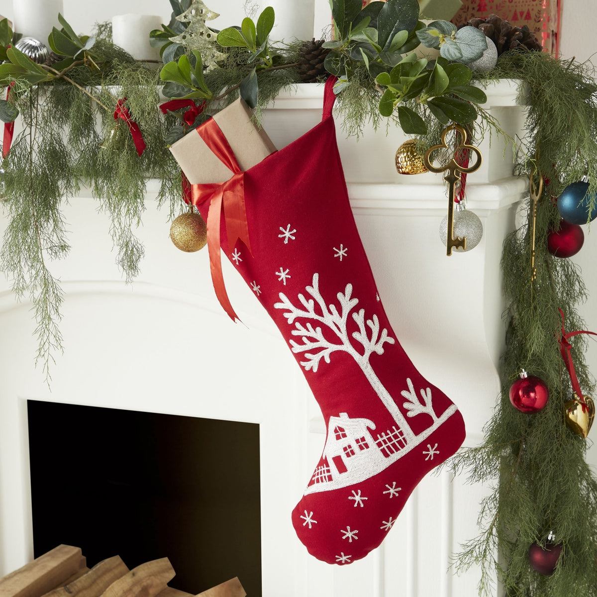 Snowy Village Embroidered Scene Red Handmade Christmas Stocking Arcadi ...