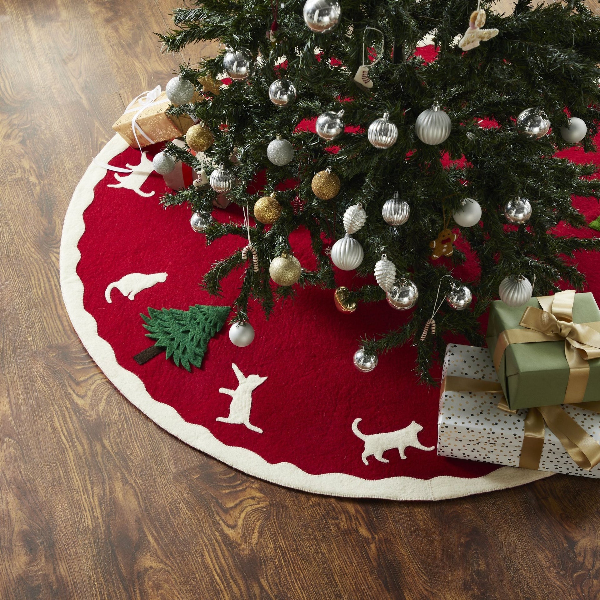 Cats and Green Trees Hand-Felted Christmas Tree Skirt - 60" Arcadia Ho ...