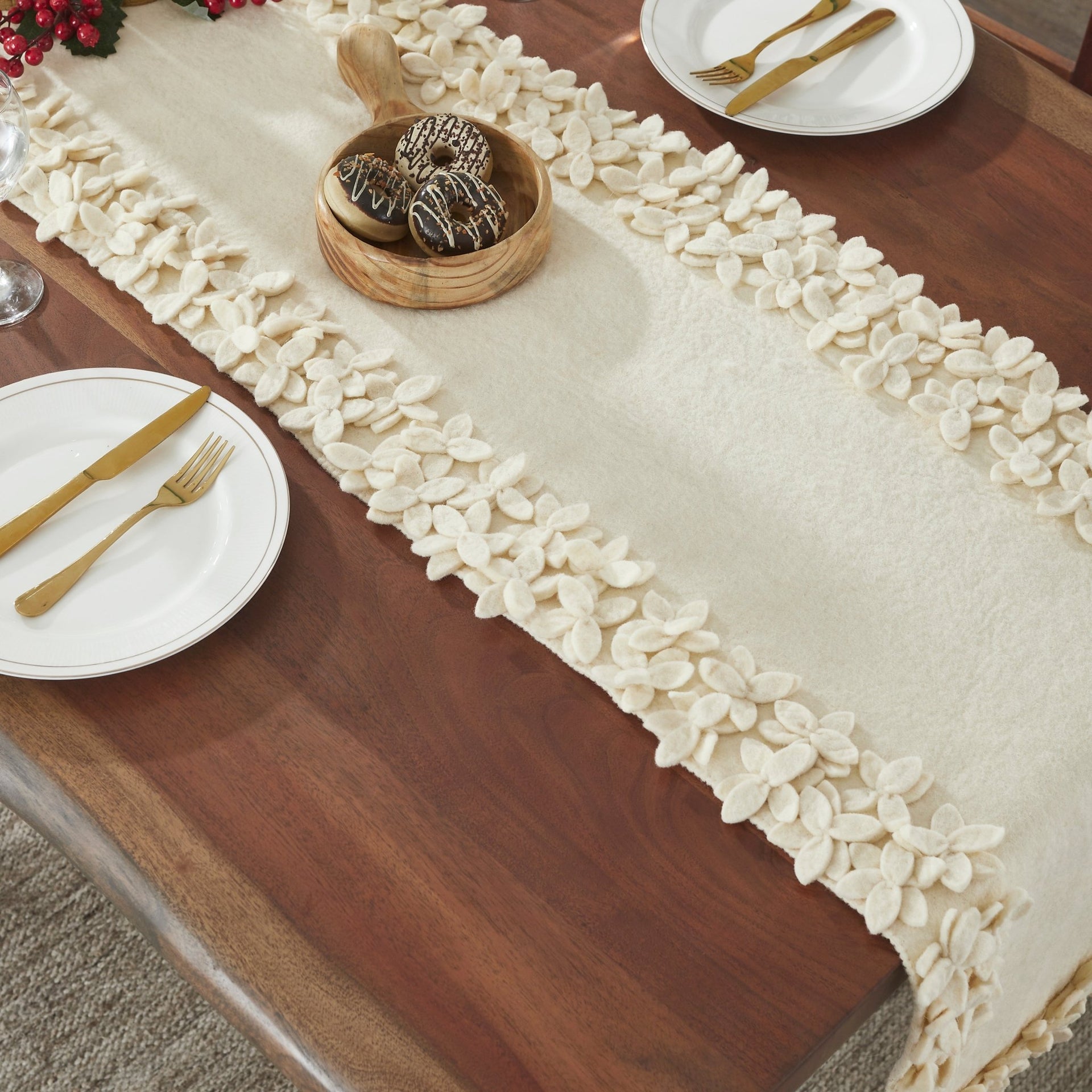 Hand Felted Wool Floral Border Table Runner Cream, 16x90" Arcadia Home ...