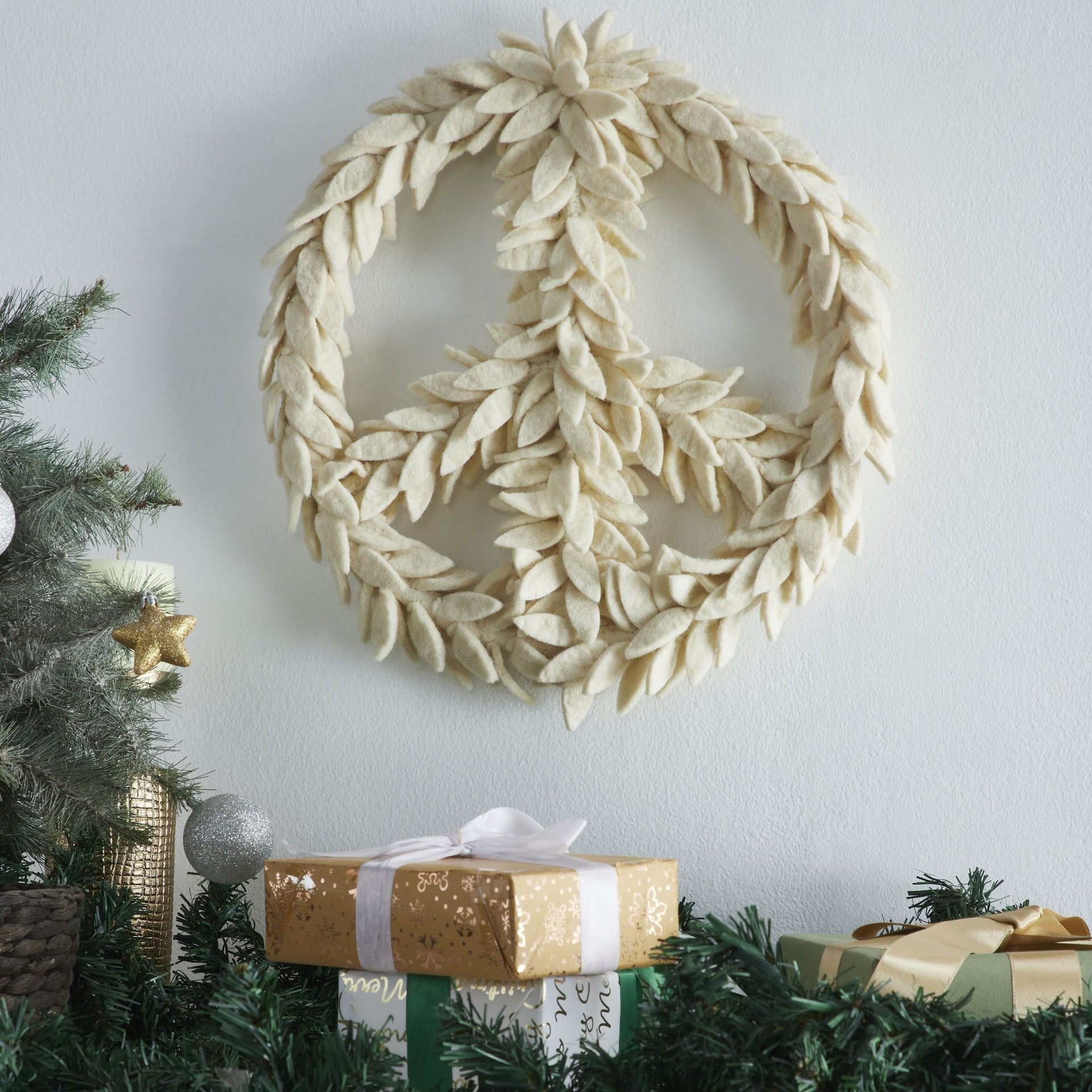 Handmade Hand Felted Wool Wreath - Peace Symbol Cream - 14" Arcadia Ho ...