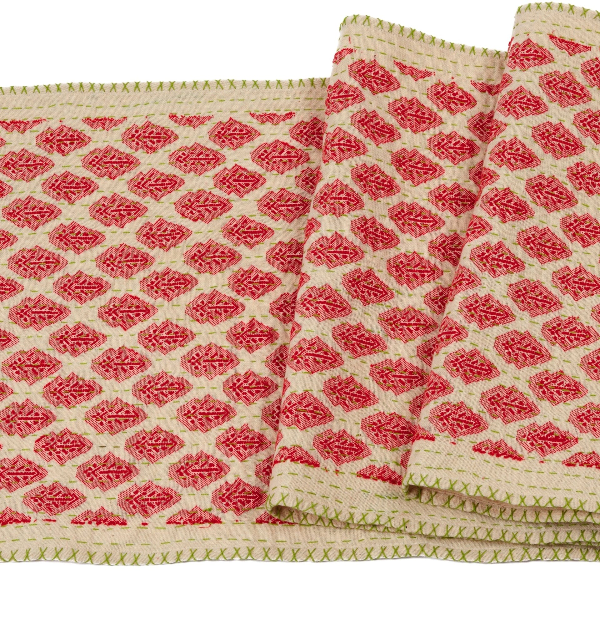 Artisan Hand Loomed Cotton Table Runner - Red Green Stitching - 18"x96 ...