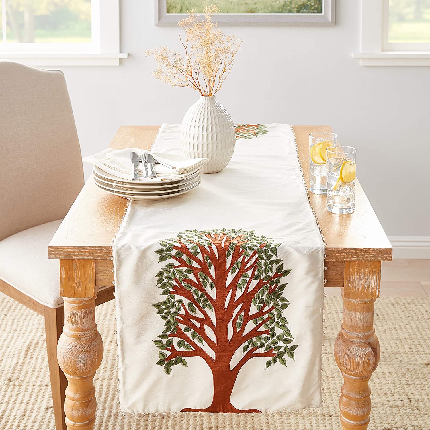 Handmade Ivory Silk Table Runner Tree of Life Embroidery and Hand Bead ...