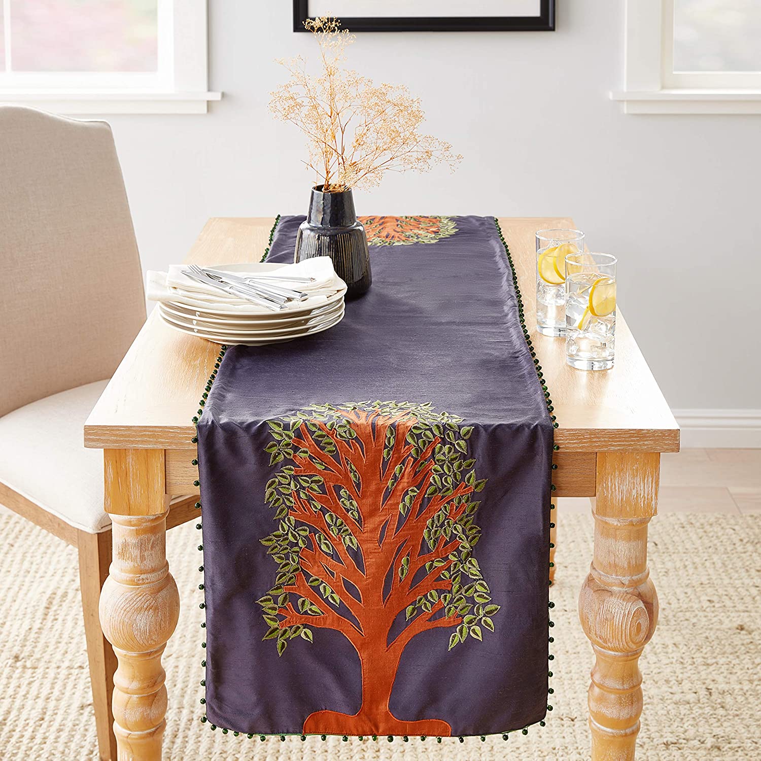 Handmade Navy Silk Table Runner Tree of Life Embroidery and Hand Beadi ...